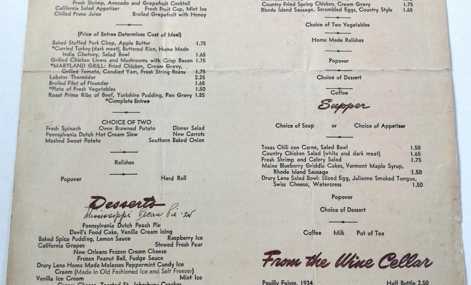1944 WWII War Time OPA Rationing Menu DRURY LANE Restaurant 49th St ...