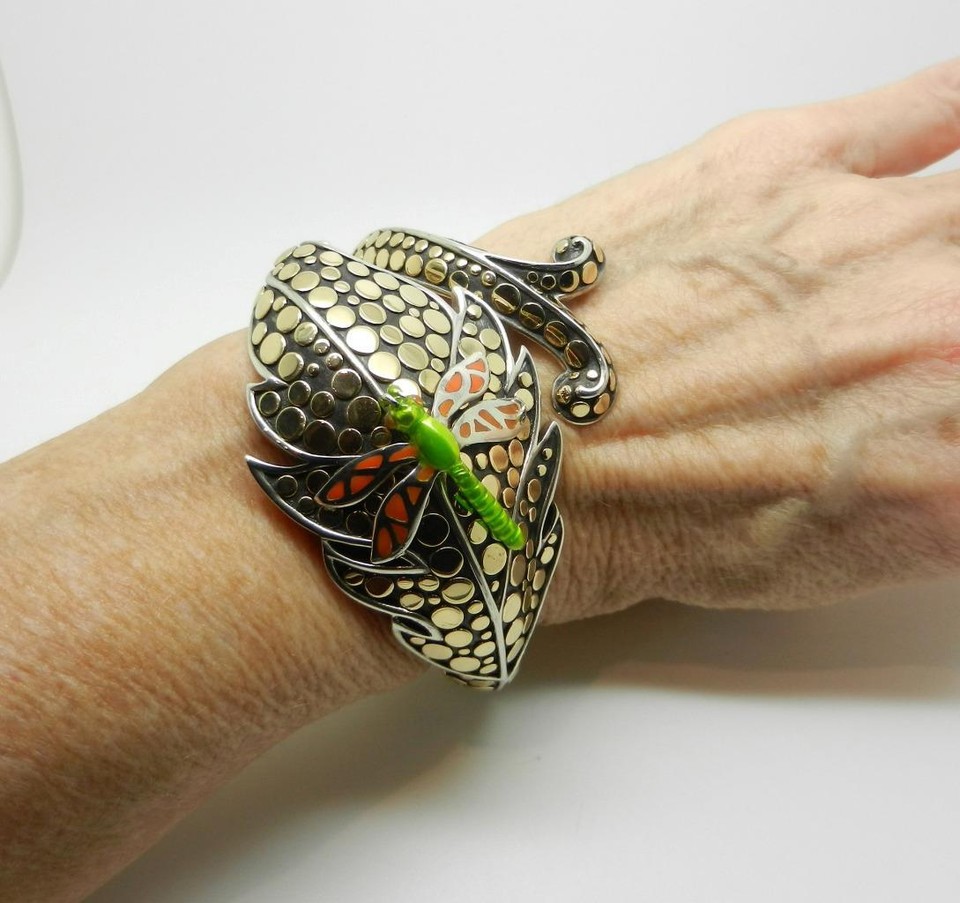 John Hardy Dot Silver & 18k Gold Leaf & Enamel Dragonfly Hinged Cuff ...