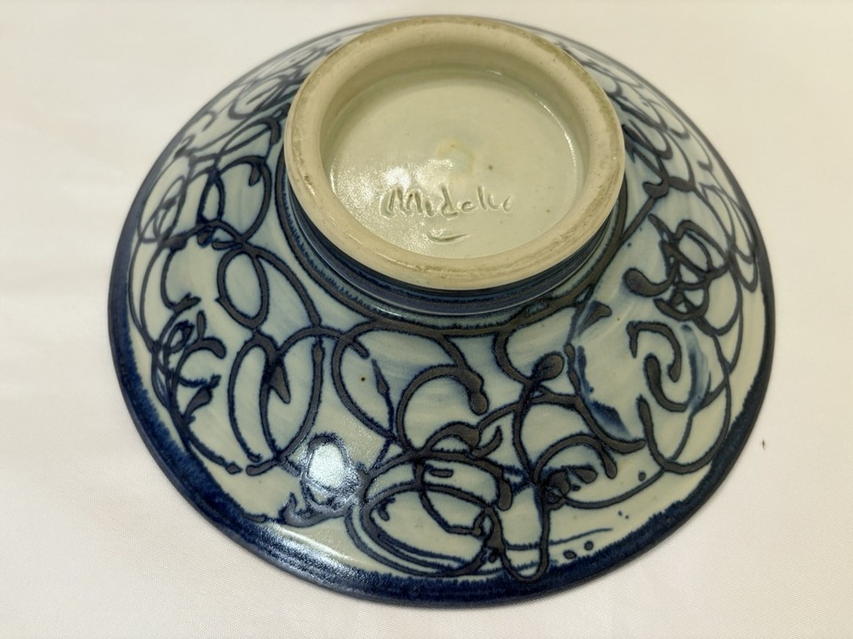 Vintage Mideke Studio Art Custom Made 10” Blue Pottery Bowl With Leaf ...