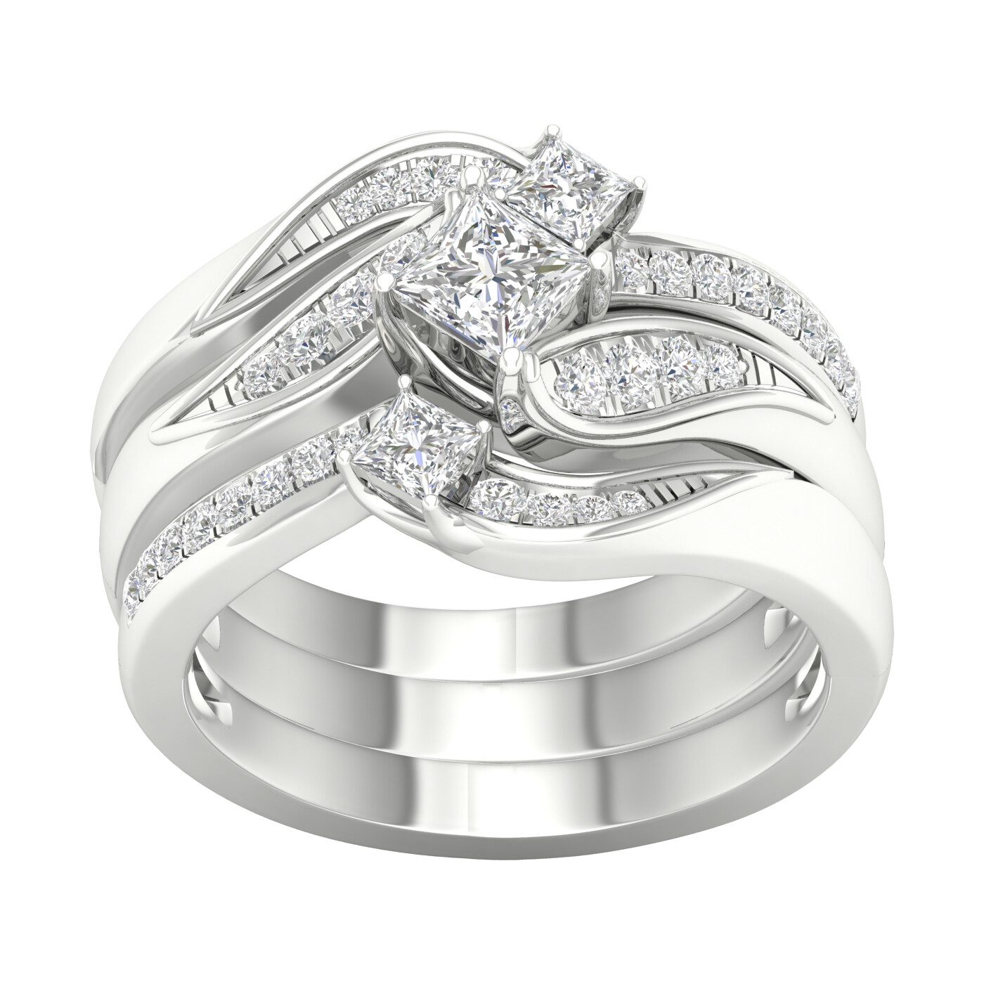 14K White Gold 1Ct Diamond Bypass Bridal Ring Set with Two Bands | eBay