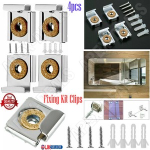4x Frameless Unframed Bathroom Mirror Glass Wall Hanging Fixing Clips ...