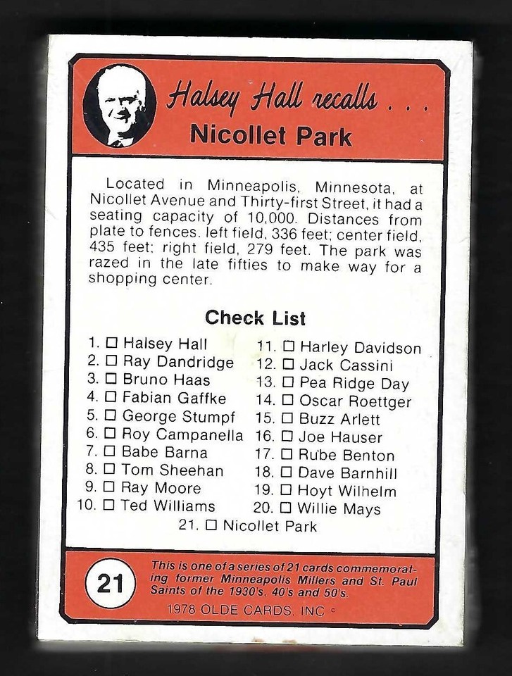 1978 Halsey Hall recalls Nicolet Park Sports Cards (in original ...