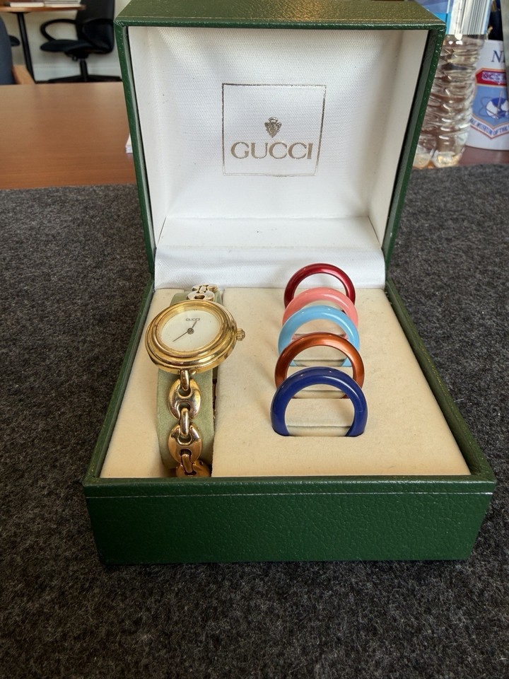 EXC GUCCI 11/12.2 Change Bezel Bangle Watch 6 Bezels Gold Box Vtg Auth ...