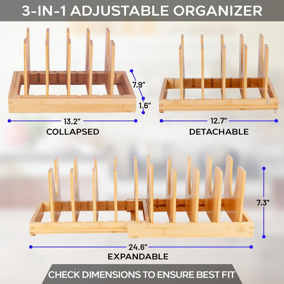 Pot and Pan Organizer for Under Cabinet – Bamboo Pot Lid Organizer for ...