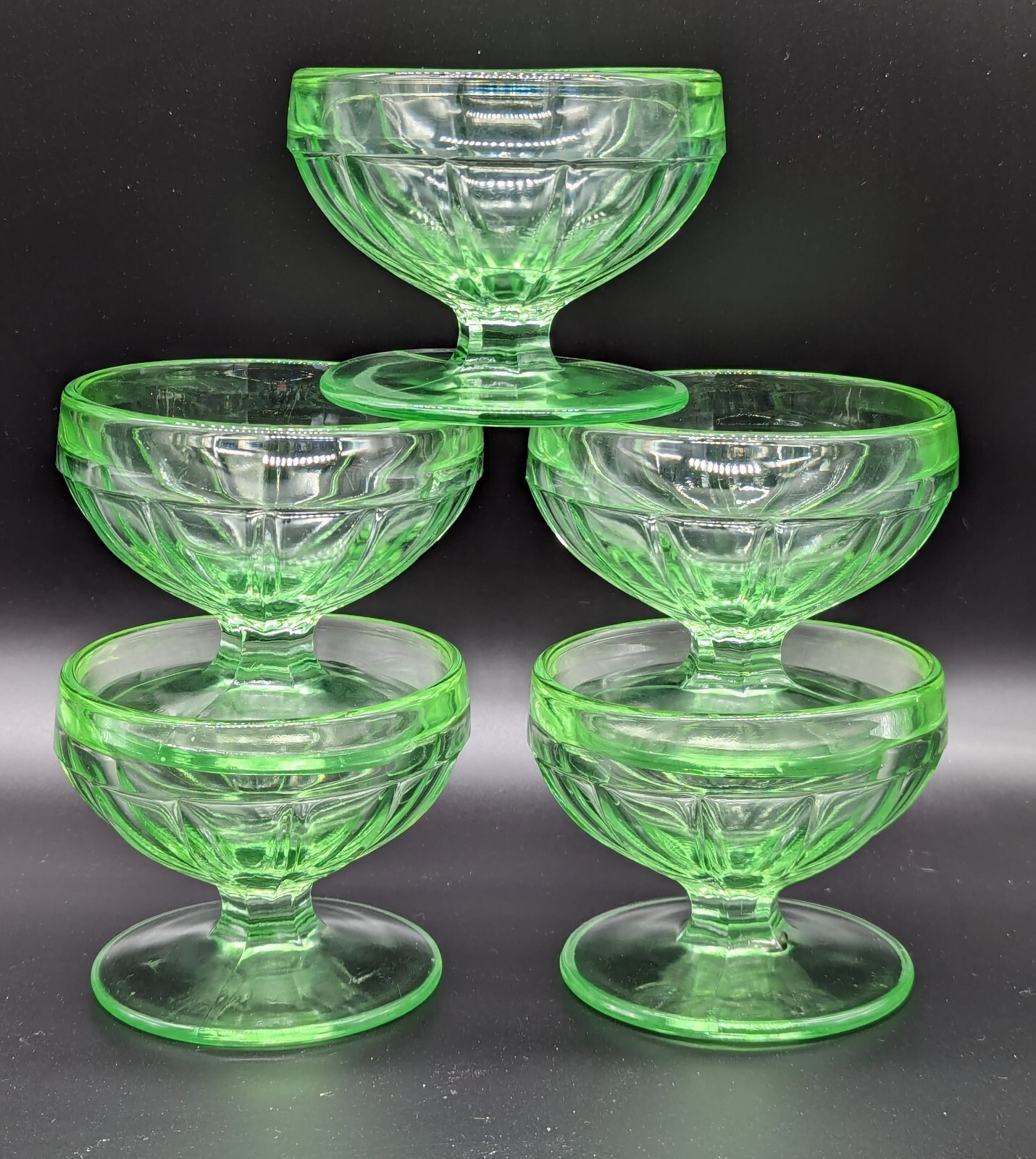Set of 5 Green Depression Glass Low Footed Sherbet Cups Bowls Uranium ...
