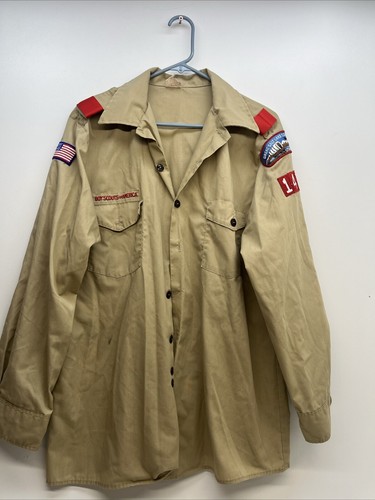 Boy Scouts of America Men's Adult Shirt Medium Tan Sewn on patches Long ...