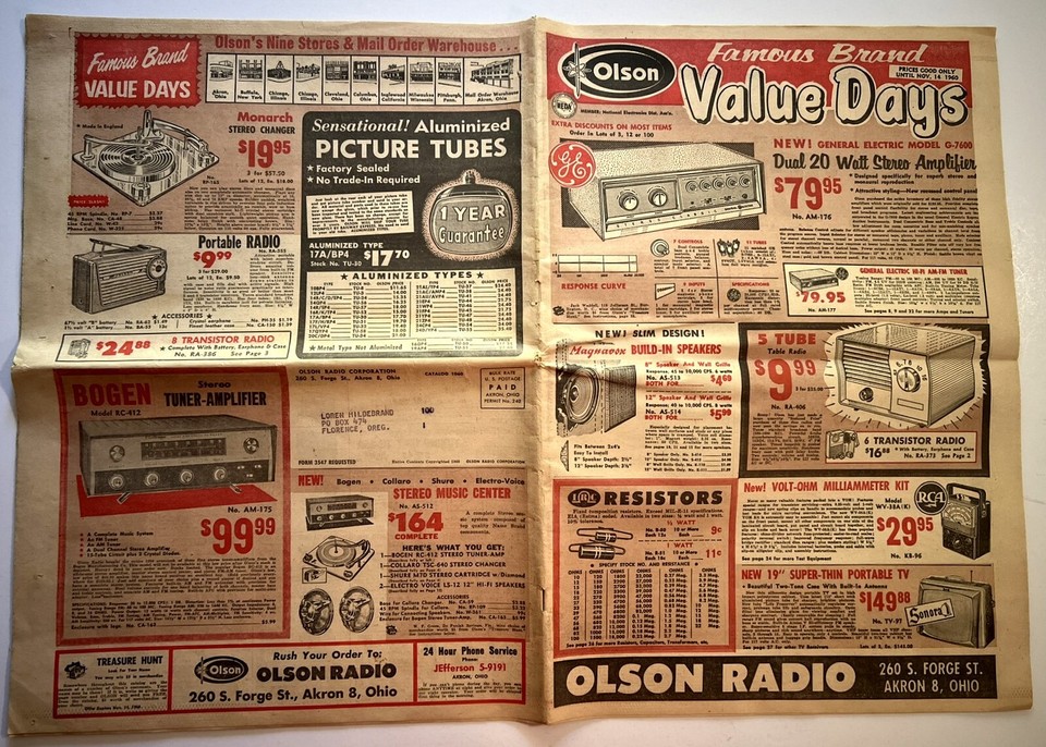 OLSON RADIO ELECTRONICS 1960 SALES CATALOG PICTORIAL FLYER STEREO TV ...