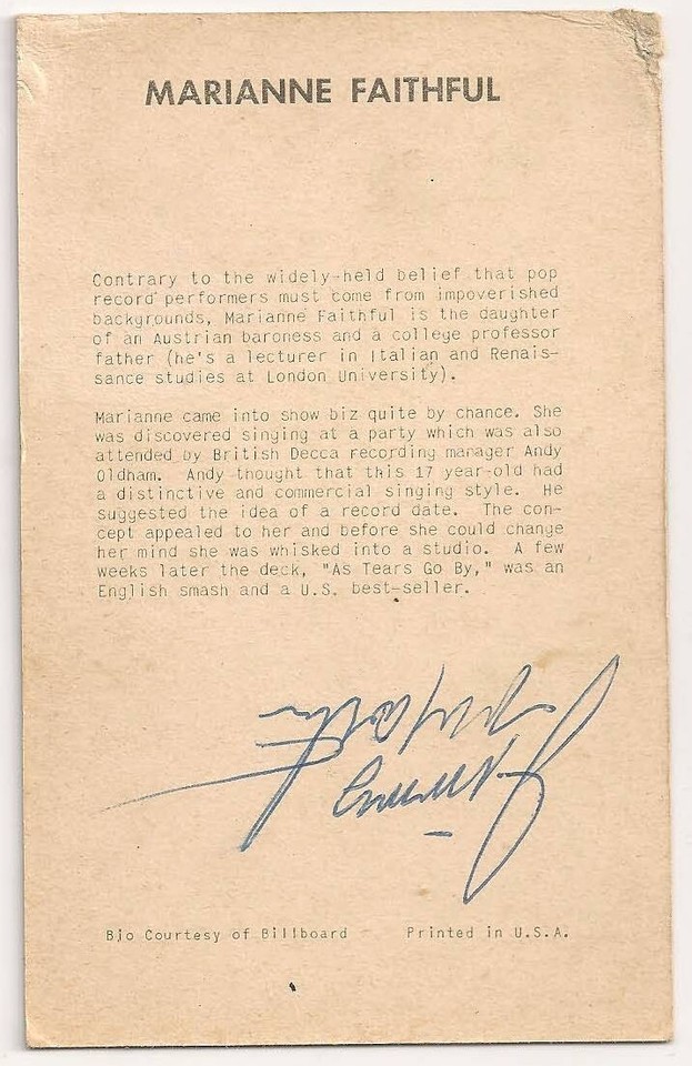 1967 Marianne Faithful Singer B&W Photograph with Autograph 3 1/4" X 5 ...