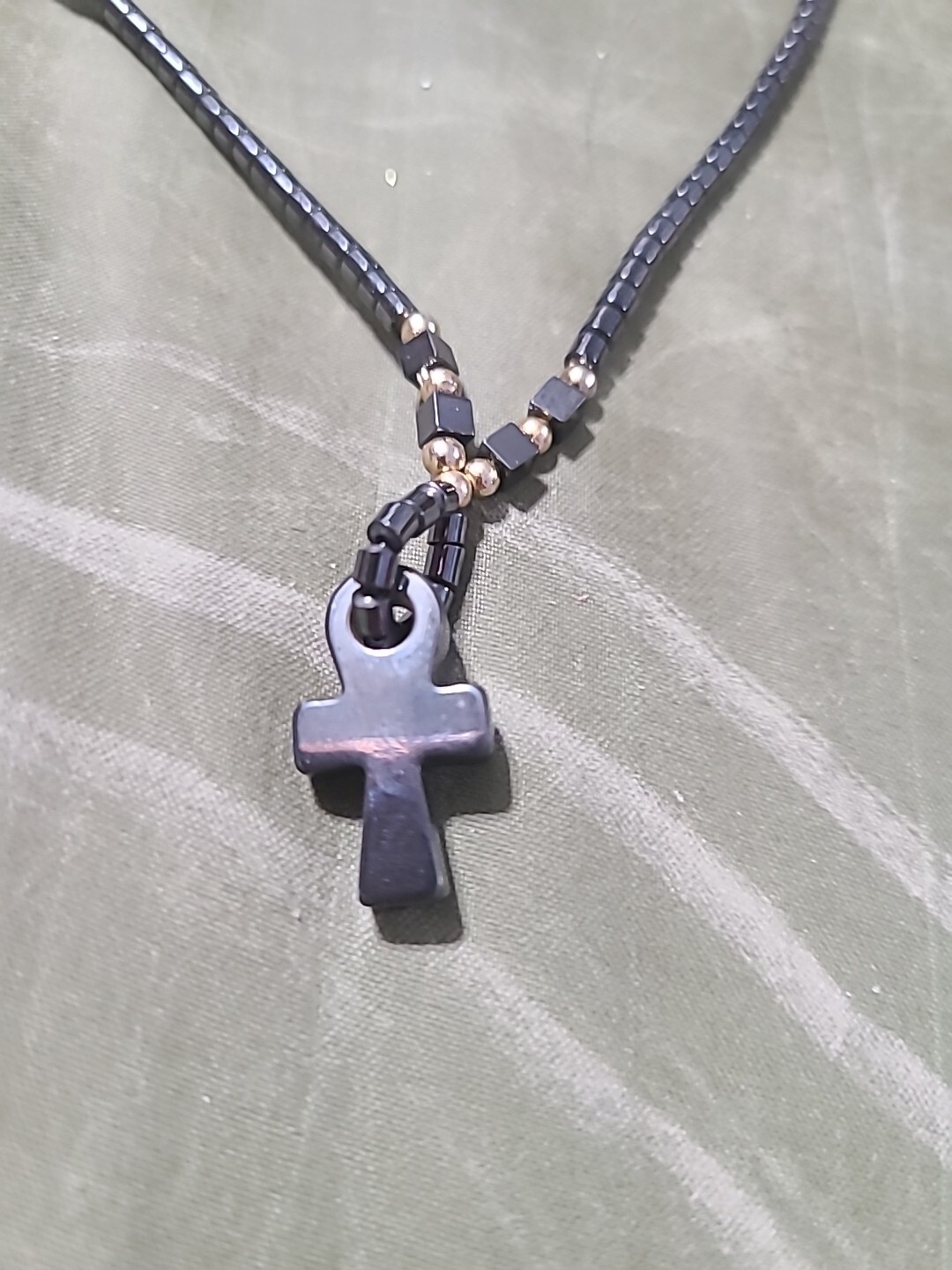 Nice Cross Necklace Dark Gray Black Barrel Clasp Charm Gold Tone Beads ...