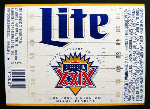 Miller Brewing Co. LITE - SUPER BOWL XXIX beer label WI 16oz #808970 ...