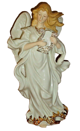 ANGEL PLAYING HARP 10" porcelain cream & gold Figurine w/musical ...
