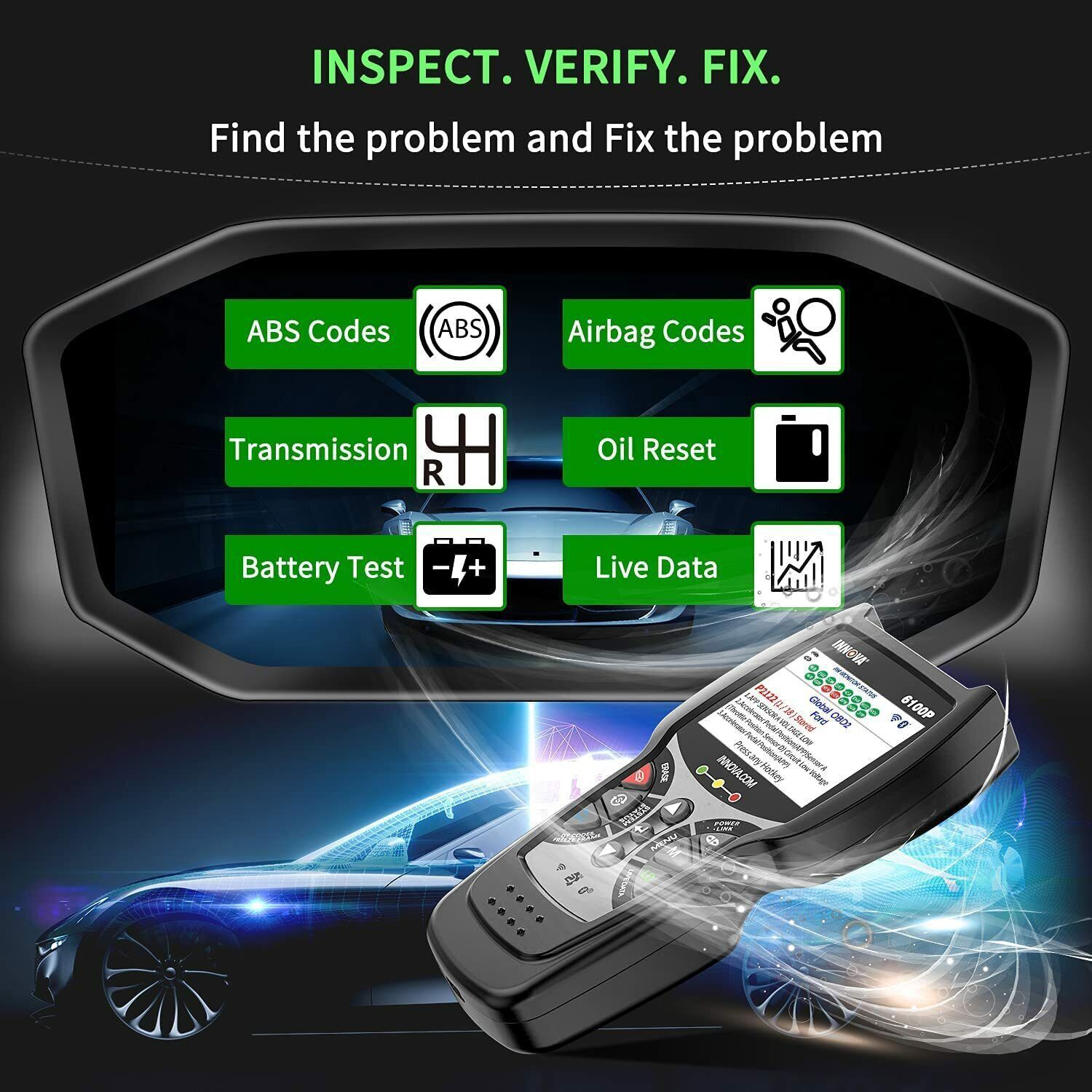 INNOVA 6100P OBD2 Scanner ABS SRS Transmission Oil Reset Code Reader ...