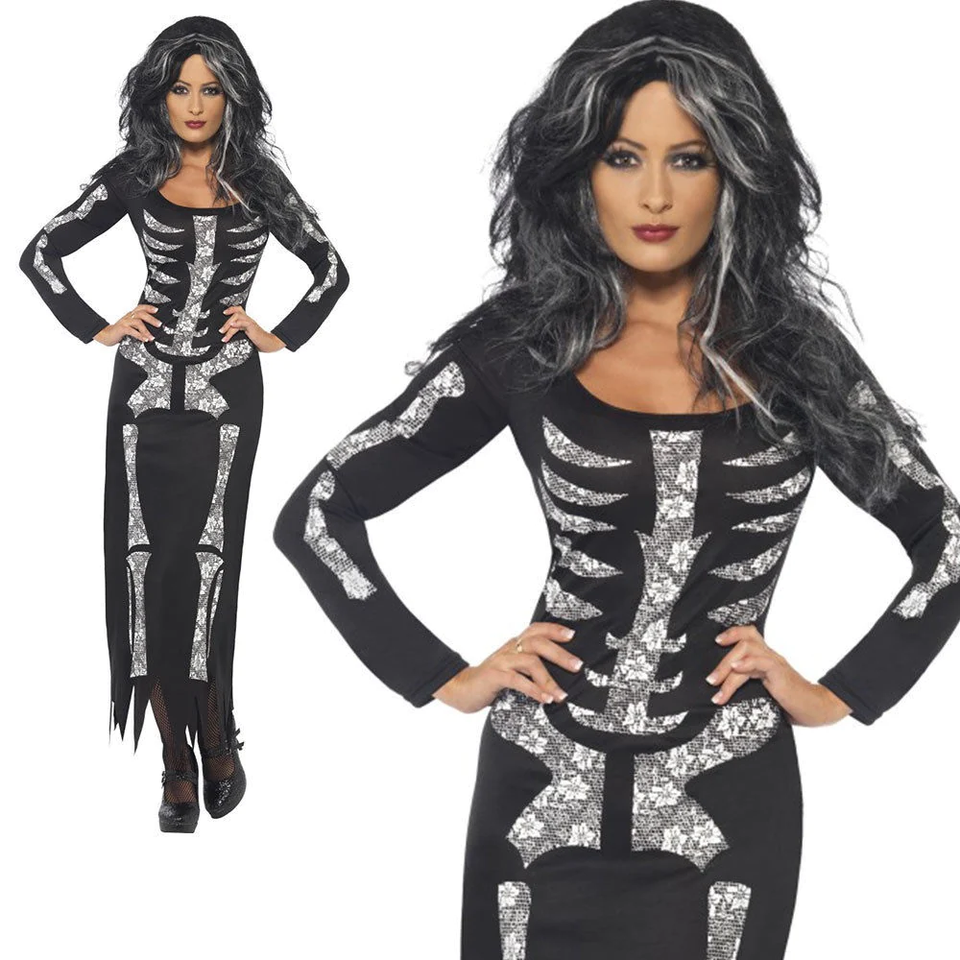 Skeleton Long Tube Dress Costume Ladies Halloween Fancy Dress Outfit ...