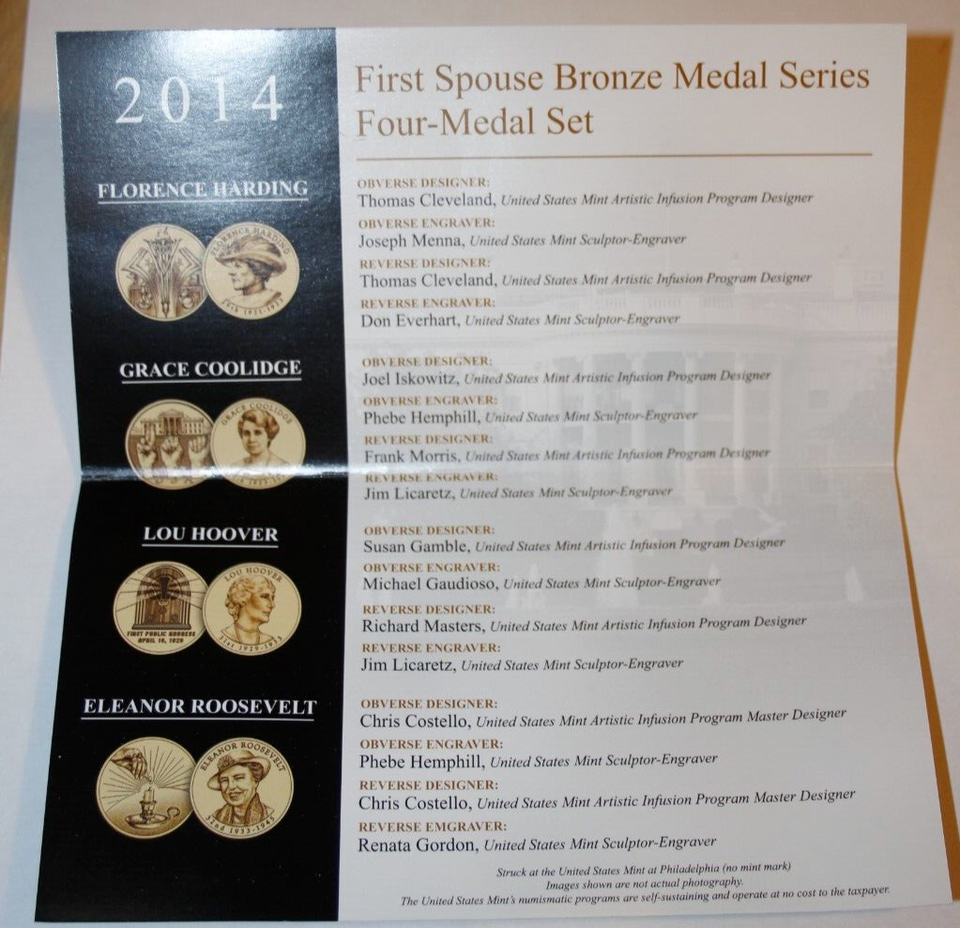 2014 US MINT FIRST SPOUSE MEDAL LADY SERIES 4 BRONZE SET W COA* GOLD ...