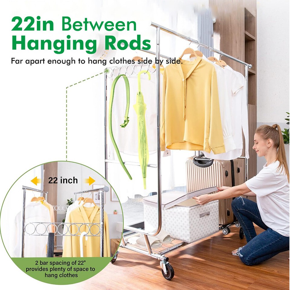 600lbs Heavy Duty Collapsible Clothes Hanger Rolling Garment Shelf Rack ...
