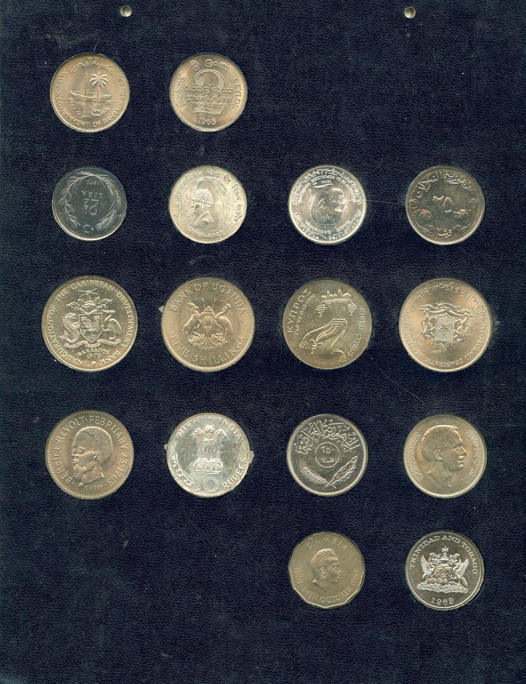 FAO 16-COIN MONEY BOARD 2 W/ 3 SILVER COINS INC 10 RUPEE INDIA 1970 ...