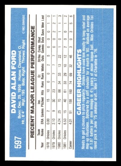 1982 Donruss #597 Dave Ford Baltimore Orioles Baseball card | eBay