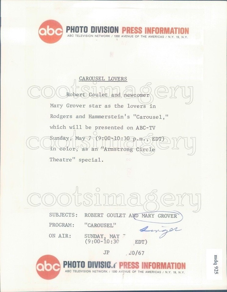 1967 Press Photo Actors Robert Goulet & Mary Grover in Carousel 1960s ...