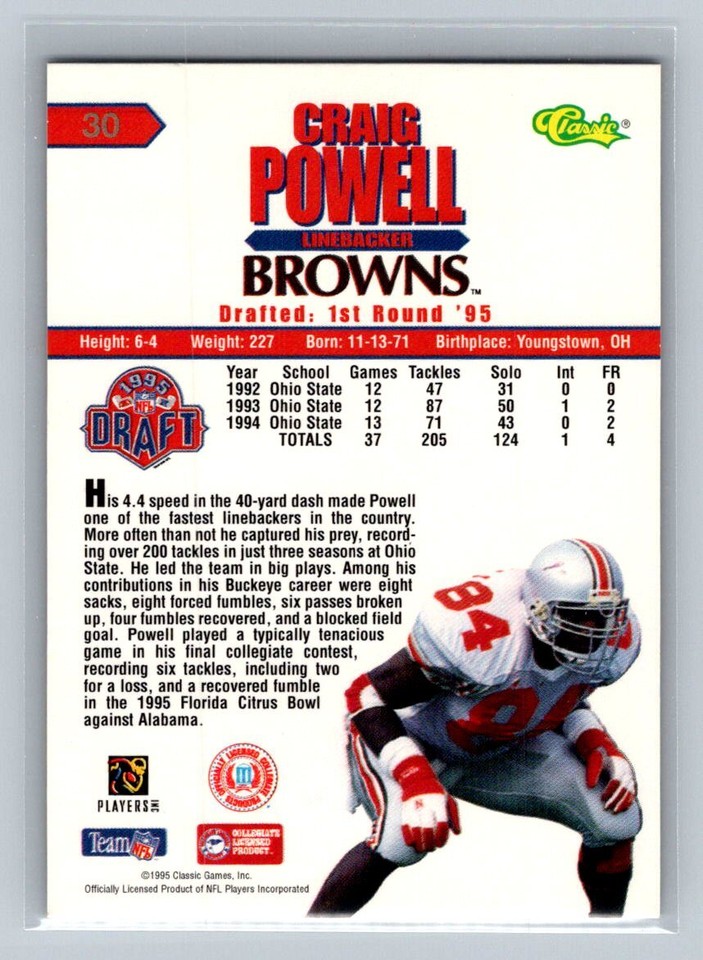 1995 Classic NFL Rookies Craig Powell #30 Cleveland Browns | eBay