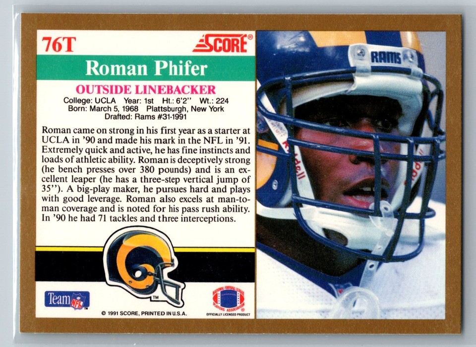 1991 Score Rookie & Traded Roman Phifer Rookie Rams RC #76T | eBay