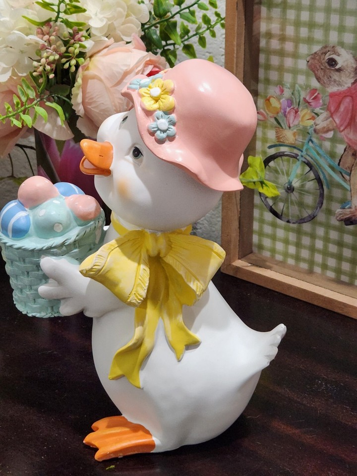 Easter Spring Duck Holding Basker Eggs Resin Figurine Tabletop Decor 10 ...
