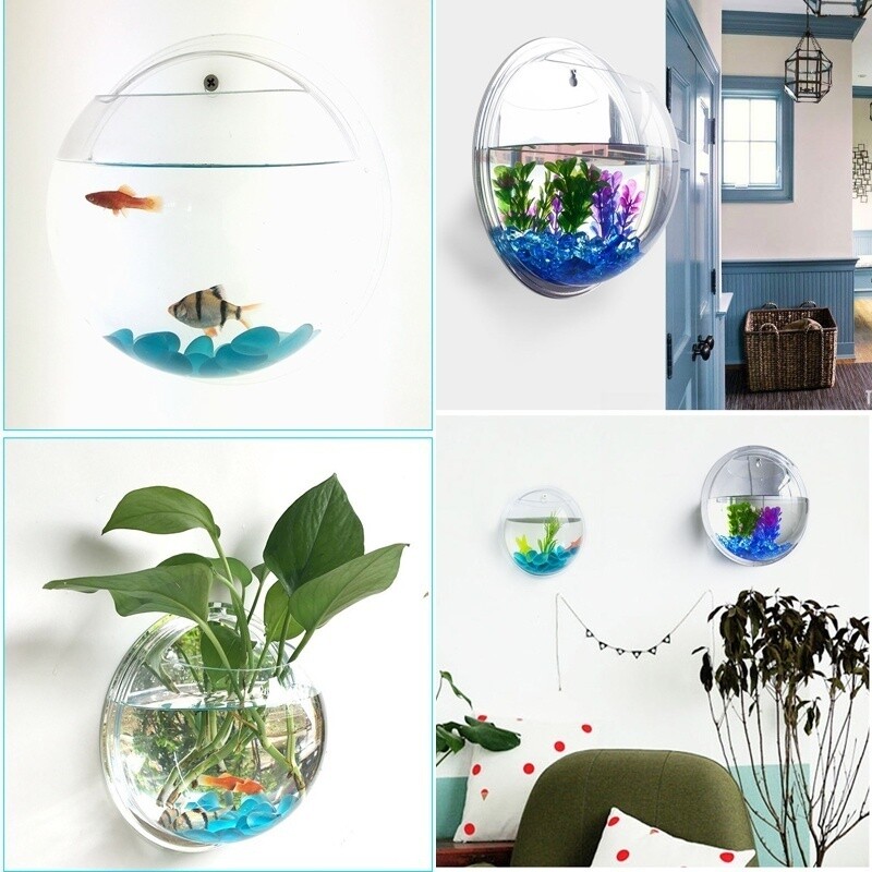 Hanging Wall Fish Tank Mounted Clear Bowl Bubble Aquarium Terrarium ...
