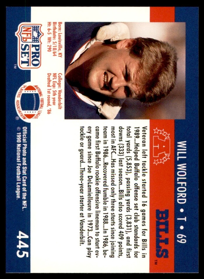 1990 Pro Set Will Wolford Buffalo Bills #445 | eBay