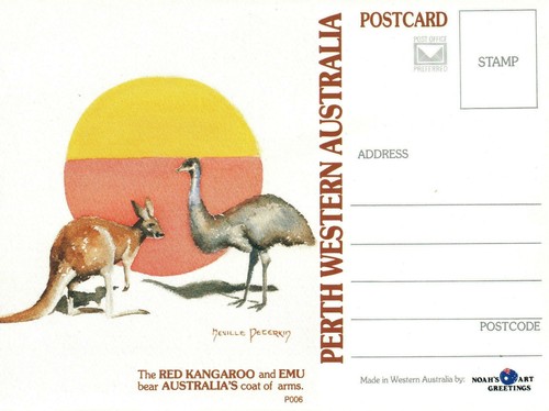 NEVILLE PETERKIN AUSTRALIAN RED KANGAROO and EMU POSTCARD PERTH WA ...