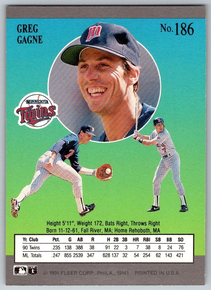 1991 Fleer Ultra Baseball Card Greg Gagne #186 Minnesota Twins | eBay