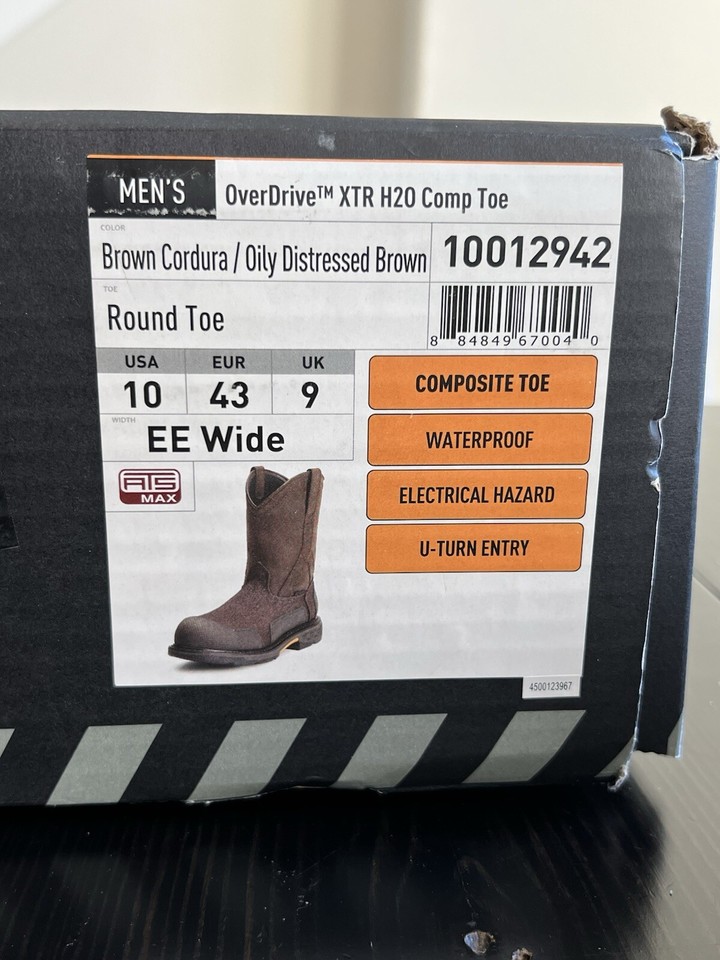 Ariat 10012942 Overdrive Xtr H2O Safety Toe 10 EE PullOn Non Slip ...