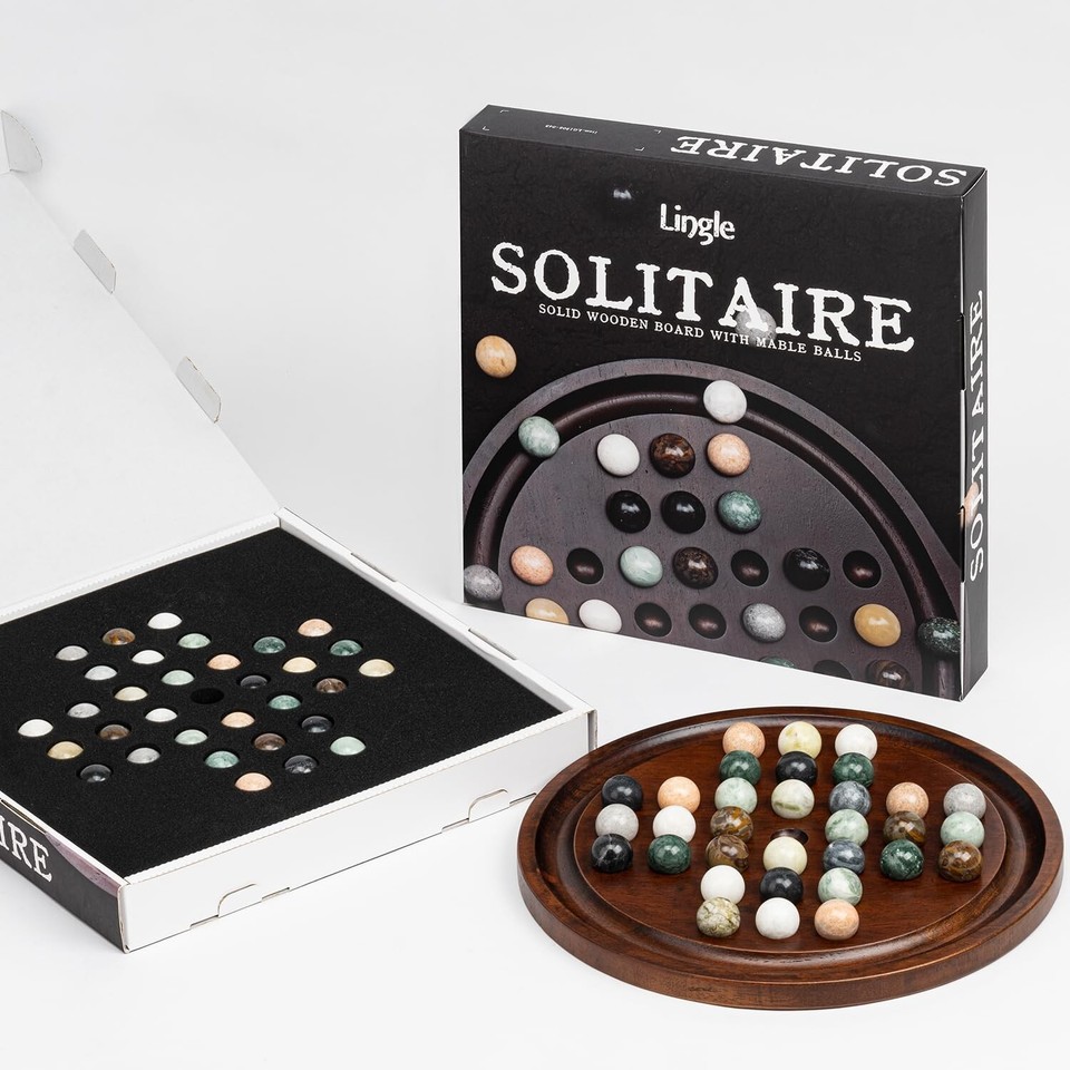 Deluxe Solitaire Game Set: 12.6'' Solid Wooden Board, 32 Natural Marble ...