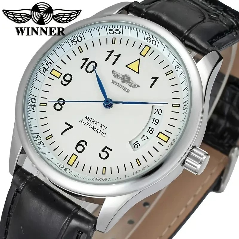 WINNER Automatic Mechanical Mens Watches Selfwind Date Leather Band ...