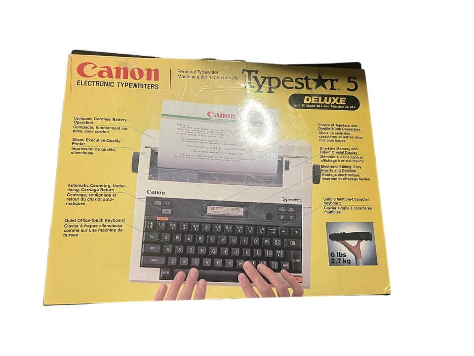 Canon Typestar 5 Deluxe Black Electronic Typewriter w/ AC Adapter & Box ...