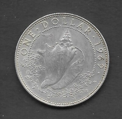 1969 The BAHAMAS Elizabeth II Conch Shell 800 SILVER 1 Dollar Coin KM#8 ...