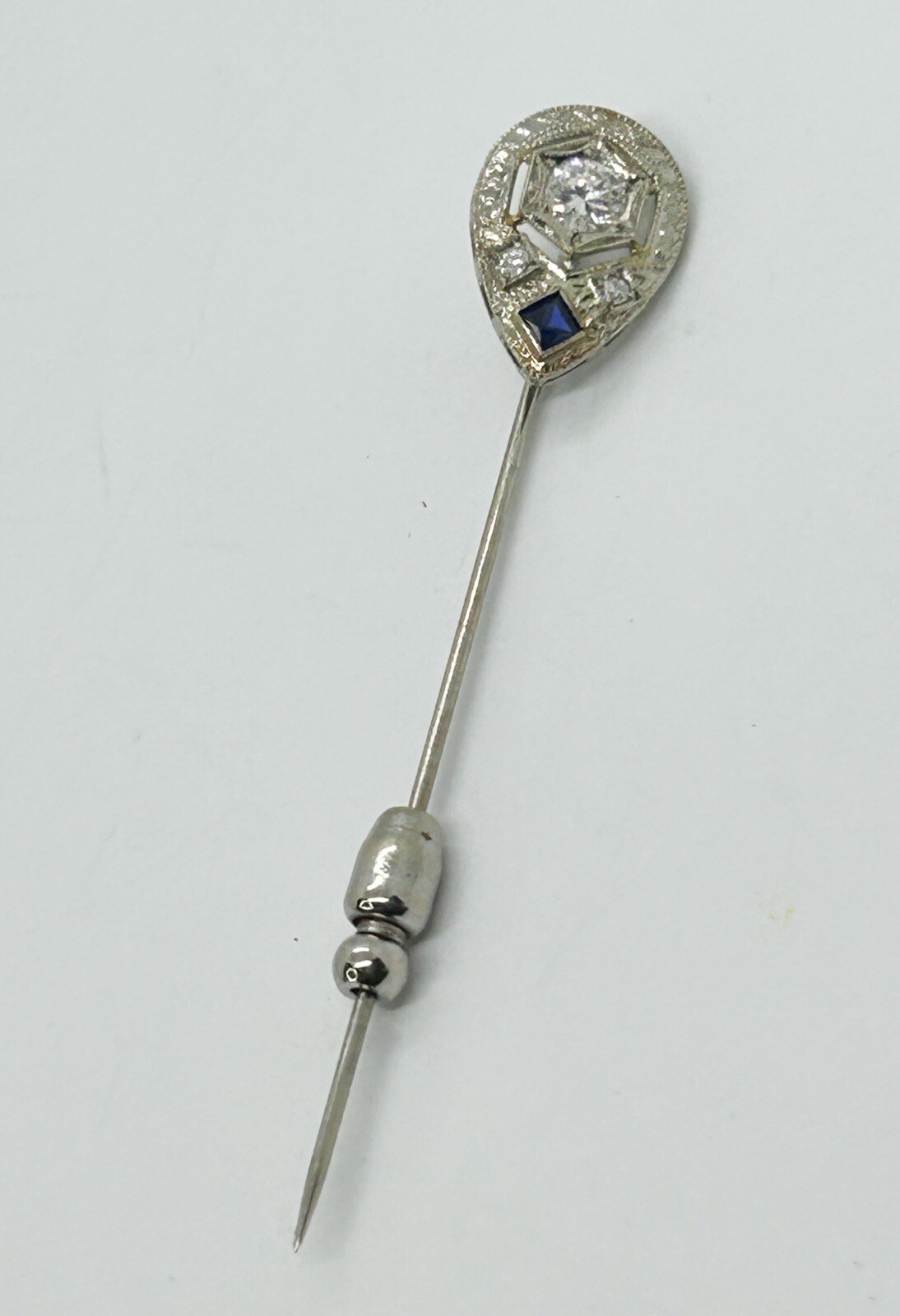 Antique Art Deco Diamond & Sapphire Stick Pin 14k White Gold Filigree ...