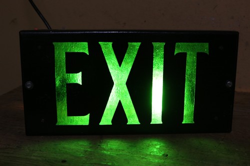 Vintage 1940's EXIT Movie Theater Lighted Metal & Green Slag Glass Sign ...