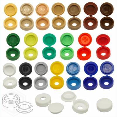 20 COLOUR SMALL PLASTIC HINGED SCREW FOLD OVER COVER CAPS 6g/8g Gauge ...