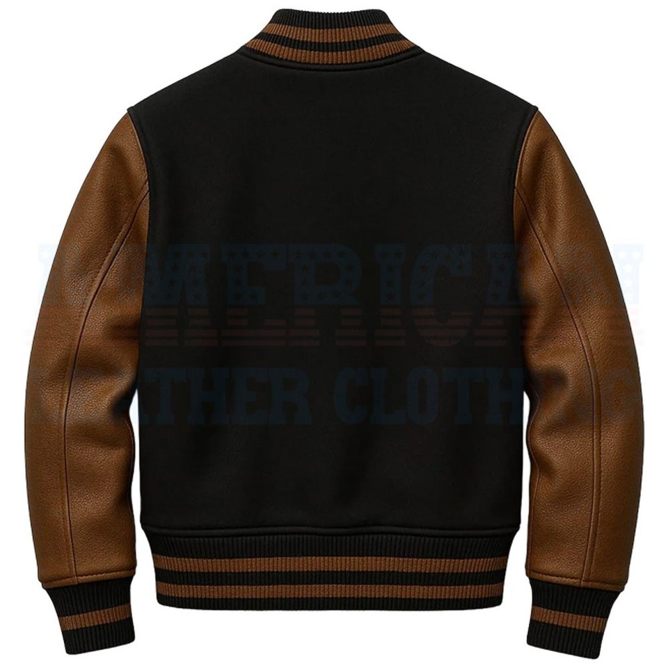 Handmade Mens Varsity Jacket Black Brown Leather Sleeves Classic ...