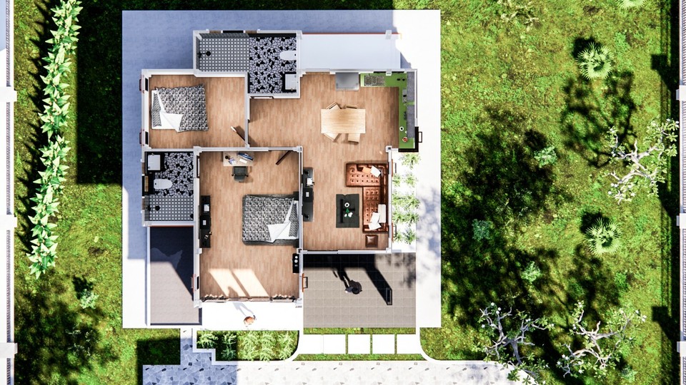 35x35 Feet House Plans 10.7x10.5 Meter 2 Beds 2 Baths Flat PDF (A4 Hard ...
