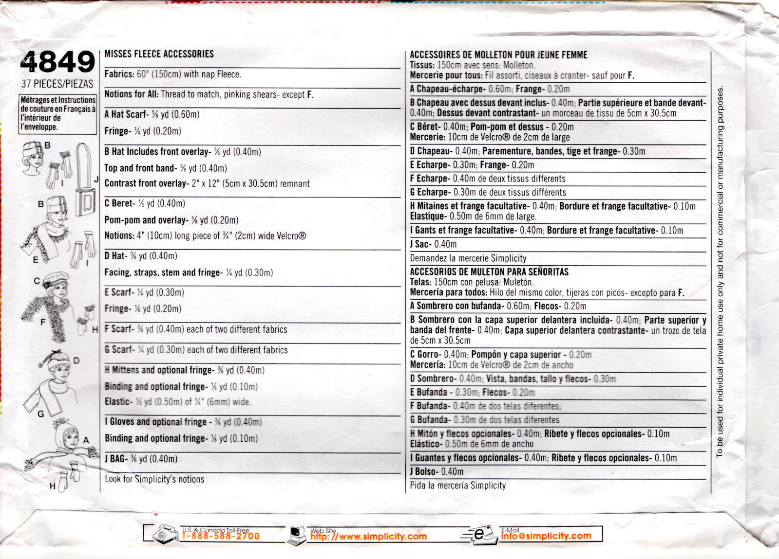 "Misses' Fleece Accessories" ©2001 Simplicity Sewing Craft Pattern ...