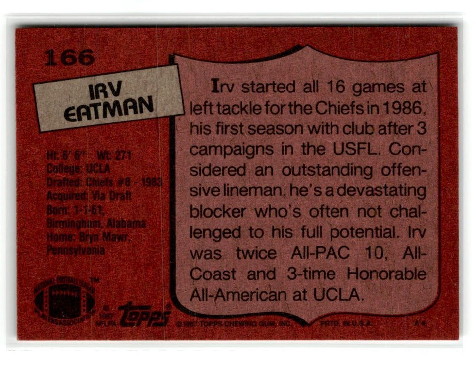 1987 Topps Football #166 Irv Eatman Rookie Kansas City Chiefs | eBay