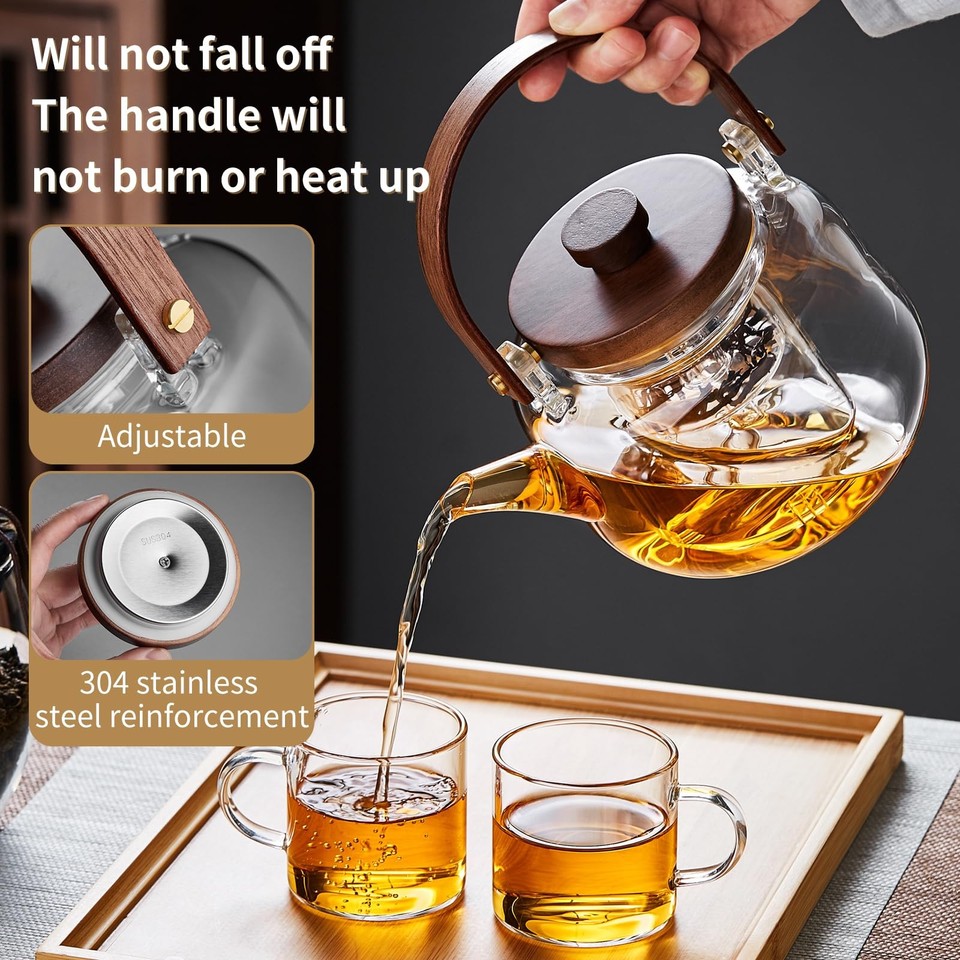 Glass Teapot with Infuser 1100ml/37.2 fl oz, Heat Borosilicate Glass ...