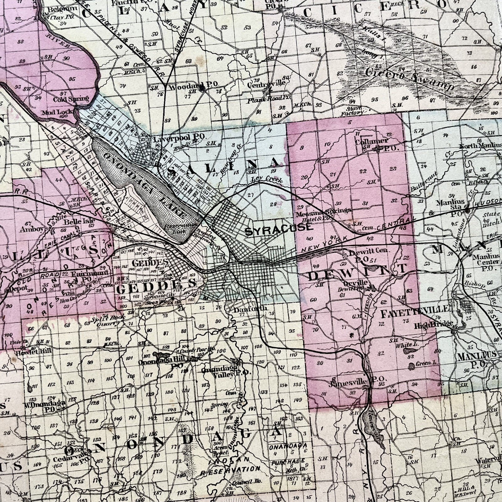 1874 HAND-COLORED Street Map of ONONDAGA COUNTY NEW YORK Syracuse ...