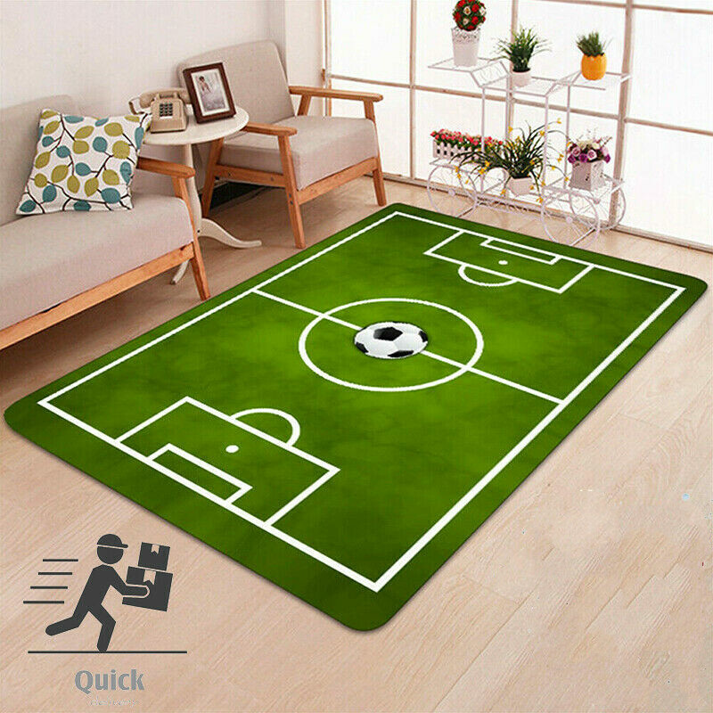 Green Football Soccer Pitch Rug Kids Play Floor Carpet Soft Bedroom ...