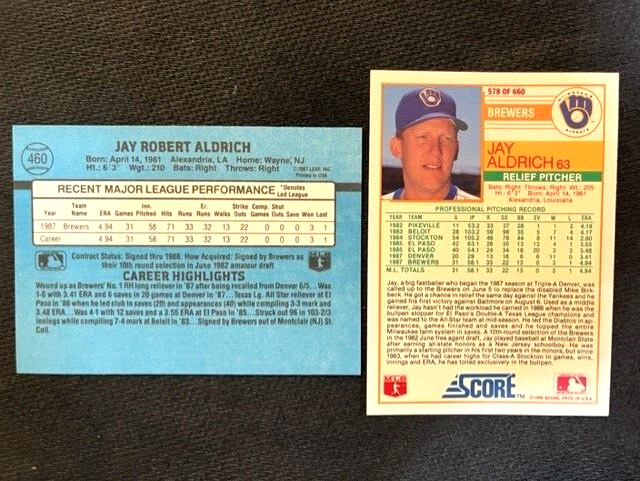 MLB - Jay Aldrich 1988 Donruss & 1988 Score Baseball - Brewers | eBay