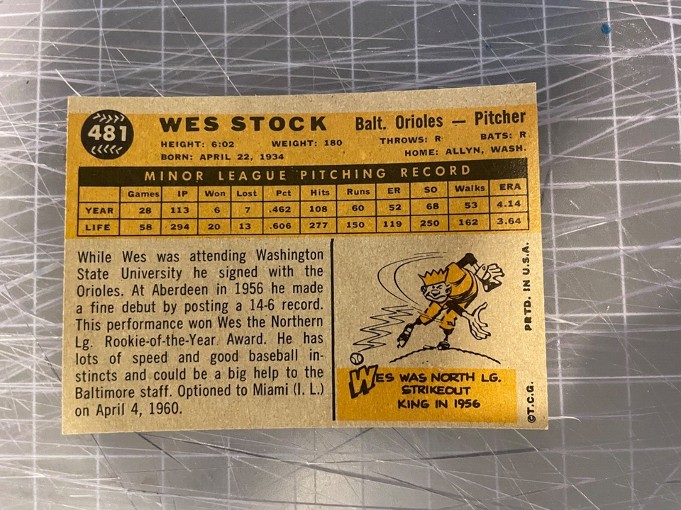 1960 TOPPS #481 WES STOCK BALTIMORE ORIOLES BASEBALL CARD NM/MT | eBay