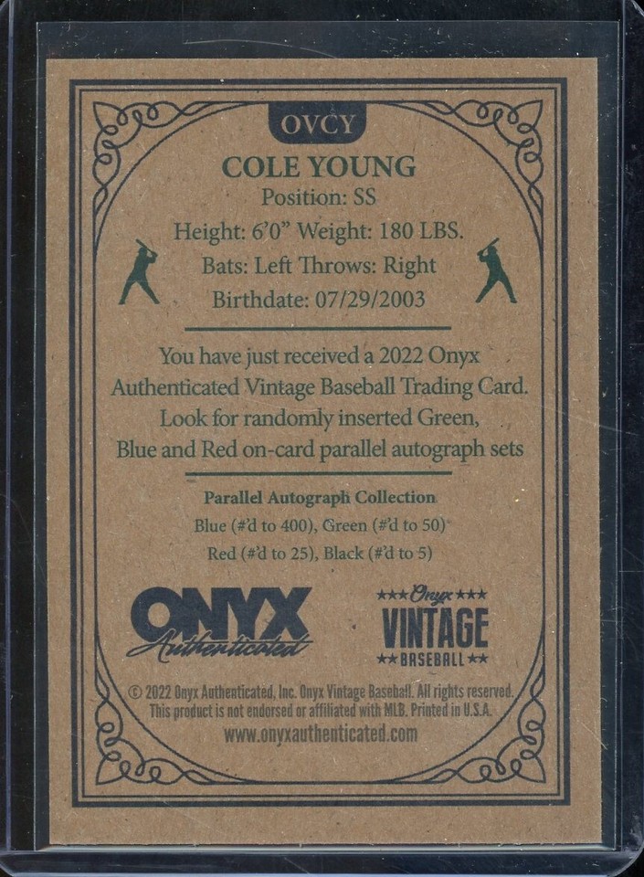 2022 Onyx Vintage Cole Young Rc #OVCY | eBay