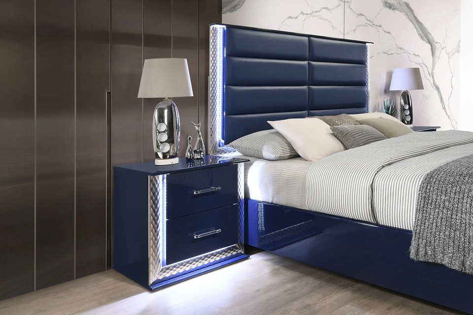 LUXURY Modern LED 5PC Gloss Blue Queen King Contemporary Bedroom Set B ...