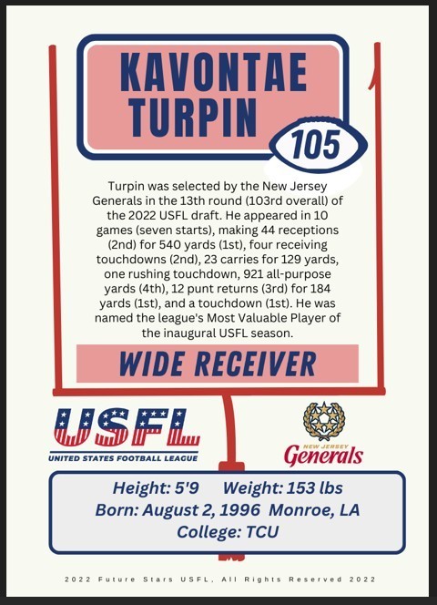 2022 Kavontae Turpin Future Stars Rookie Card SP USFL Stallions #105 | eBay