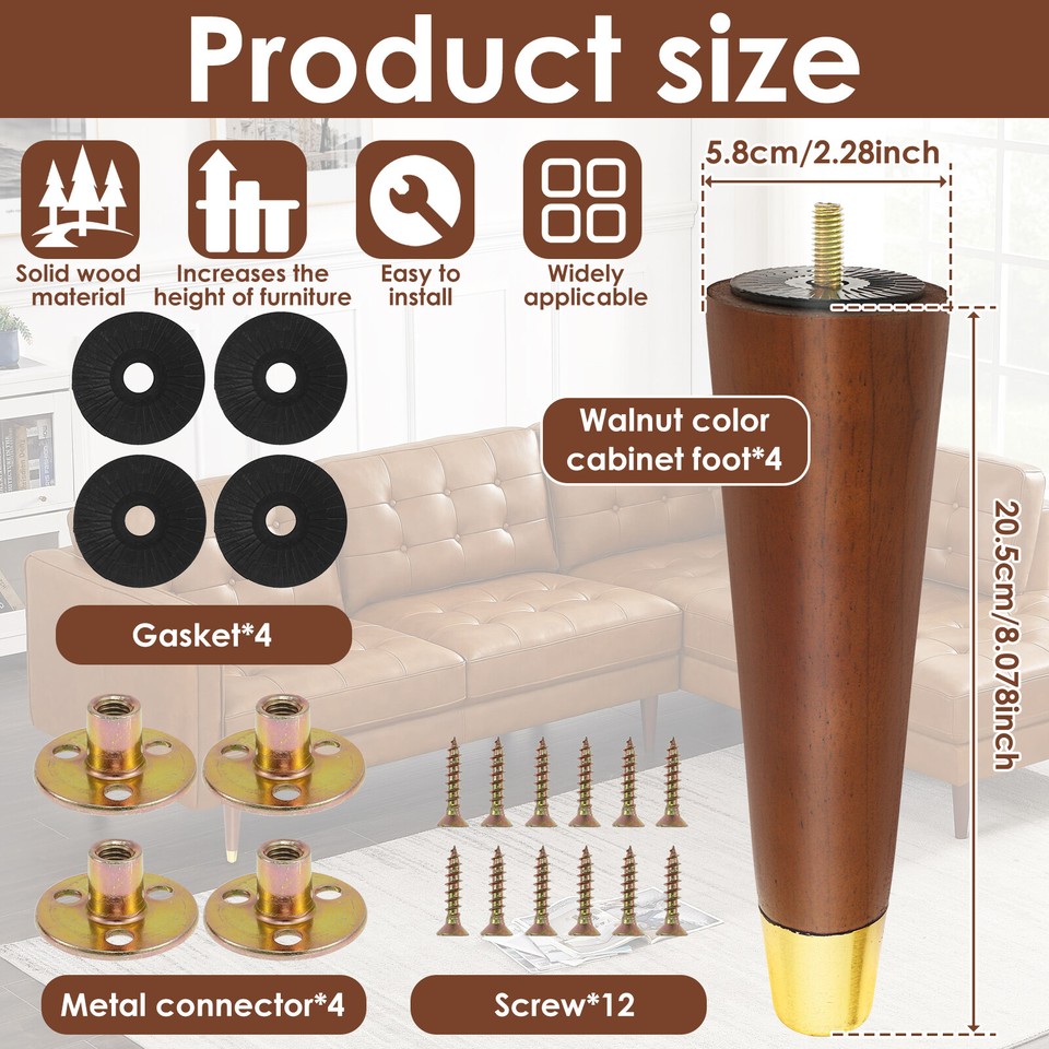 4PCS Wood Furniture Legs Round Sofa Leg Sofa Replacement Feet for Couch ...